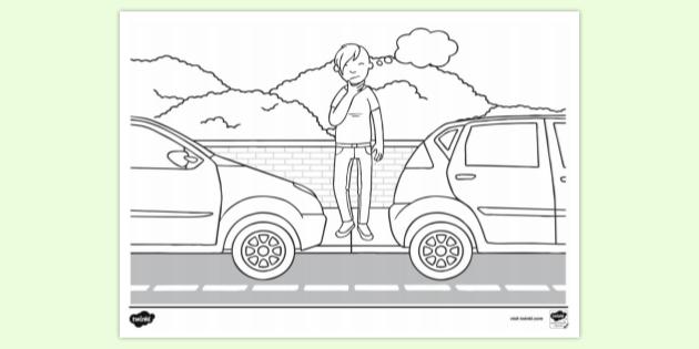 FREE! - Adult Thinking About Crossing Between Parked Cars Colouring Sheet