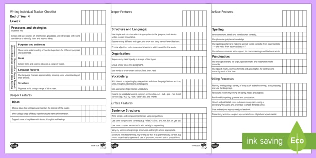 New Zealand End of Year 4 Writing Individual Tracker Checklist