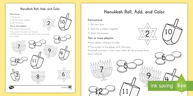 Hanukkah Roll, Add, and Color Activity
