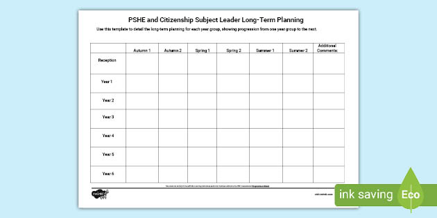 PSHE and Citizenship Subject Leader Long-Term Planning Sheet