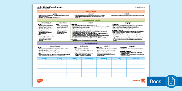 New Zealand Level 4 Writing Weekly Plan (teacher made)