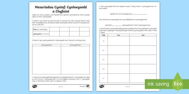Taflen Weithgaredd Mesuriadau Cyntaf: Cynhwysedd a Chyfaint - cyfaint