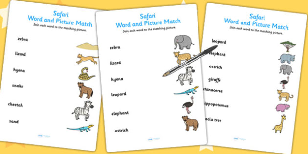 Safari Word and Picture Matching Sheets- jungle, animals