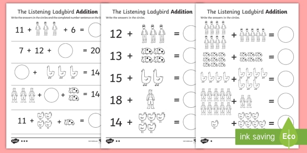 The Listening Ladybird Up to 20 Addition Sheet