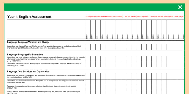 Australian Curriculum Year 4 English Assessment Spreadsheet