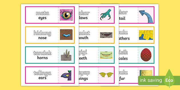 Monster Body Parts Word Cards Indonesian (teacher made)