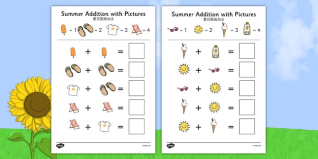 Summer Themed Addition with Pictures Worksheet / Worksheets Chinese ...
