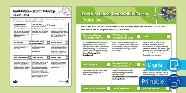 Earth Science: Renewable Energy Choice Board (teacher made)