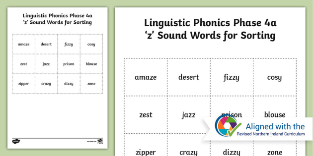Northern Ireland Linguistic Phonics 4a 'z' Sound Words for Sorting Sheet