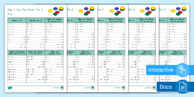 Stage 4 Basic Facts Practice Tests (teacher made)