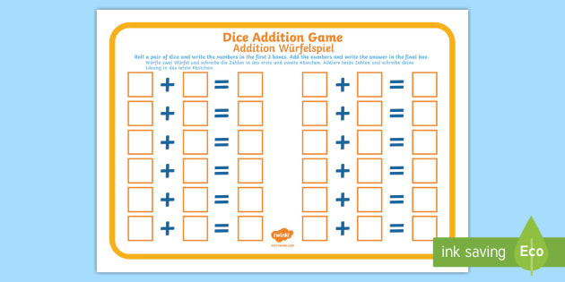 Dice Addition Game English/German - Dice Addition Game Sheet