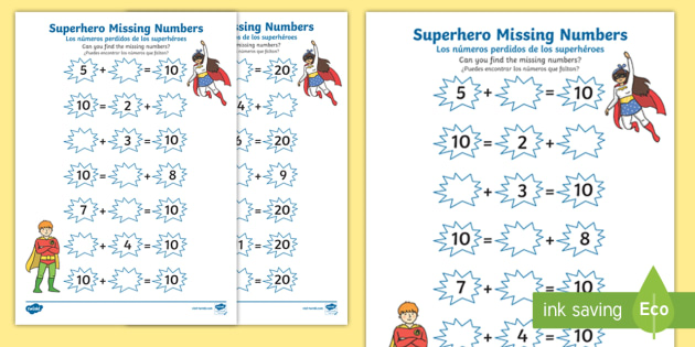 Superhero Missing Numbers Worksheet / Worksheet English/Spanish