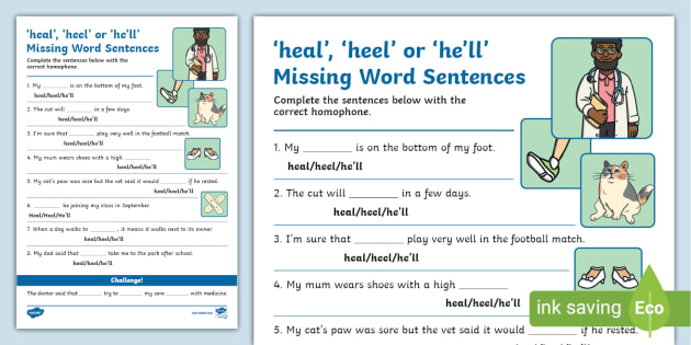 'heal', 'heel' or 'he'll' Missing Word Sentences Activity