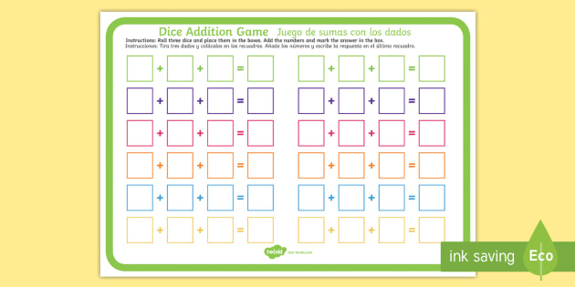 3 Dice Addition Game - English / Spanish - EAL,Three Dice Addition Game