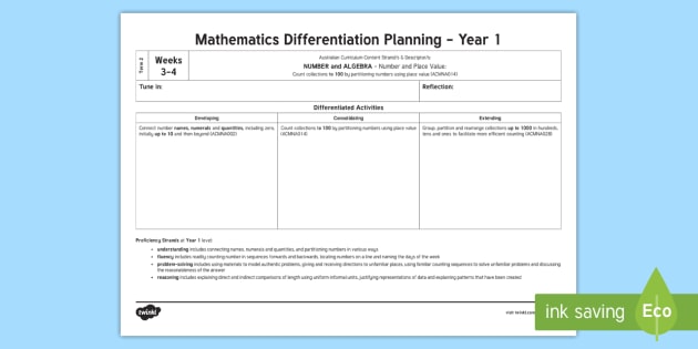 Year 1 Number Mathematics Differentiated Plan (teacher made)