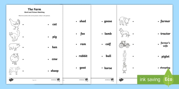 The Farm Picture Word Matching Worksheet / Worksheet
