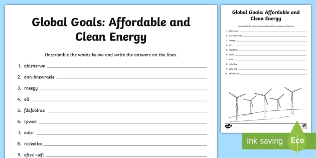 Global Goals Affordable and Clean Energy Word Unscramble