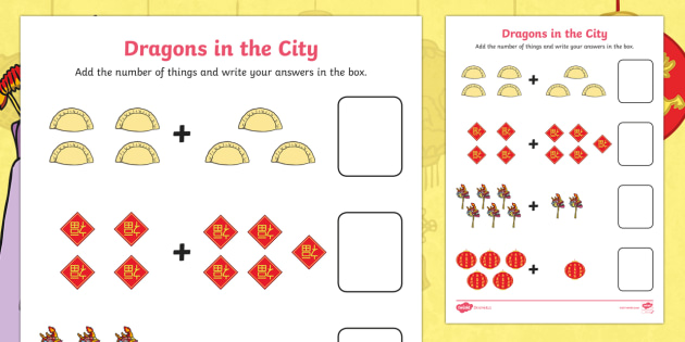Dragons in the City Addition to 10 Worksheet - Originals, Chinese New Year
