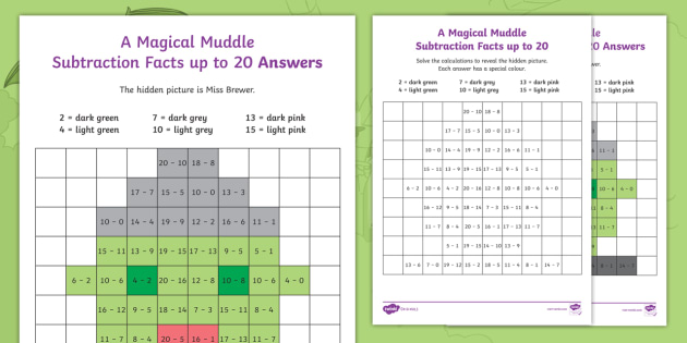 A Magical Muddle Subtraction Facts up to 20 Maths Mosaic Worksheet