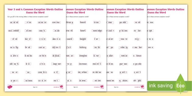 Year 3 and 4 Common Exception Words Outline Guess the Word Activity