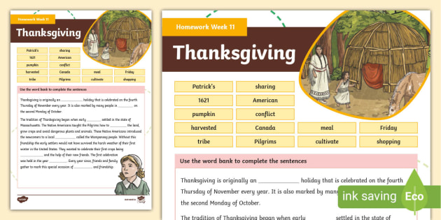 Cloze Procedure Homework Week 11 Thanksgiving 3rd/4th Class
