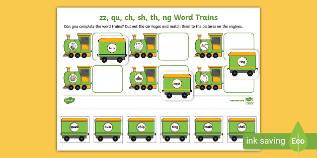 zz, qu, ch, sh, th, ng Phase 3 Phonics Cut and Stick Matching Activity