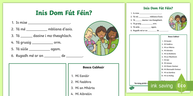 All About Me Activity Sheet Gaeilge - mise, me fein, inis, dom