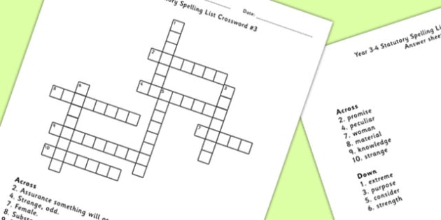 Year 3-4 Statutory Spelling List Crossword 3 (teacher made)