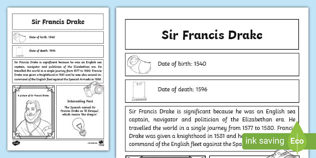 Sir Francis Drake Facts Sheet (teacher made)