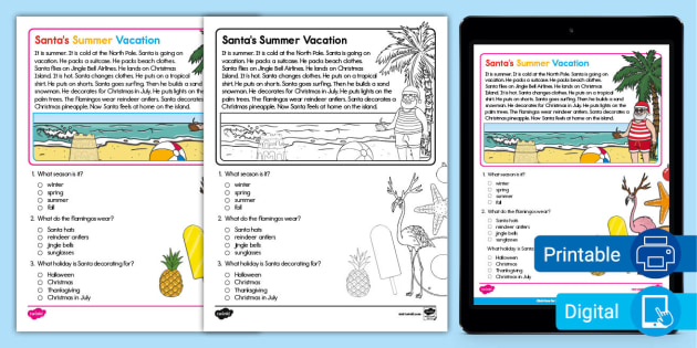 Kindergarten Santa's Summer Vacation Reading Comprehension