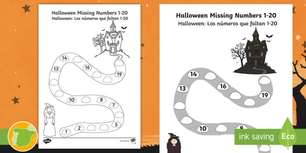 Halloween Missing Numbers to 20 English/Spanish Worksheet