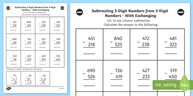 3 Digit Column Subtraction Year 3 Worksheet teacher Made 