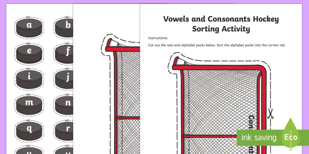Vowels and Consonants Hockey Sorting Activity (teacher made)
