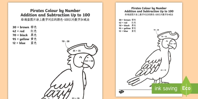 Pirates Addition and Subtraction Up to 100 Colour by Number