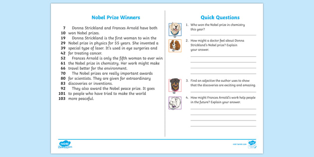 LKS2 Nobel Prize Winner Daily News 60 - Second Read Activity Cards