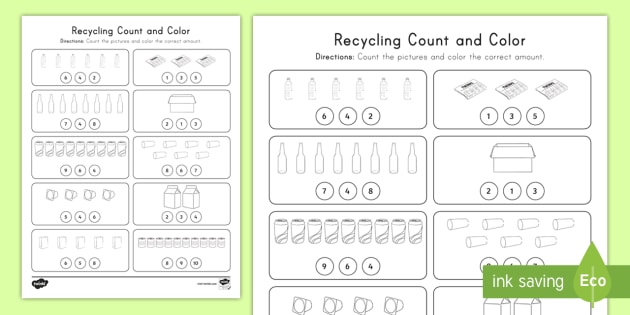 * NEW * Recycling Count and Color Activity Sheet - kindergarten