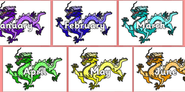 FREE! - Months of the Year on Chinese Dragons (Multicolour)