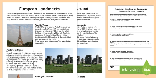 Europe Comprehension Landmarks Worksheet / Worksheet English/Italian ...