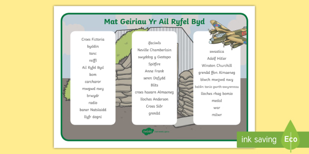 * NEW * Mat Geiriau Yr Ail Ryfel Byd - rhyfel, bom, lloches