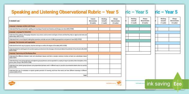Year 5 Speaking and Listening Observational Rubric