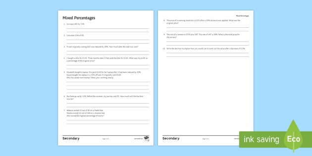 Mixed Percentages Worksheet / Worksheet (teacher made)