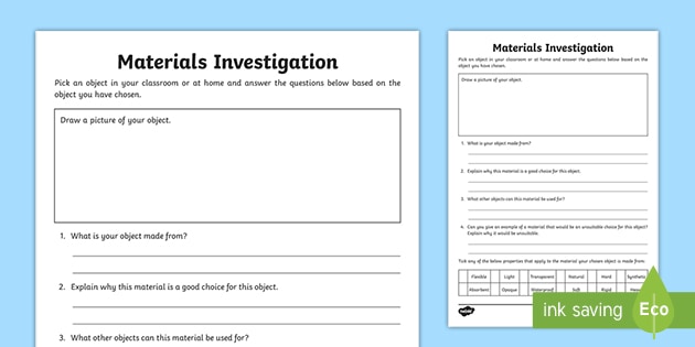 Materials Investigation Worksheet (teacher made)