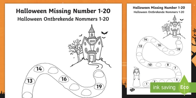 Halloween Missing Numbers to 20 English/Afrikaans Worksheet