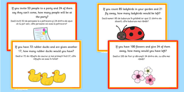 Addition and Subtraction to 100 Word Problem Challenge Cards Romanian