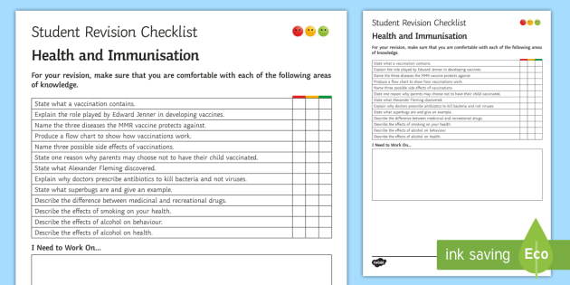 Health and Immunisation Student Revision Checklist