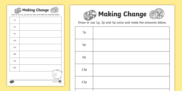 Making Change: 1p, 2p and 5p Worksheet / Worksheet