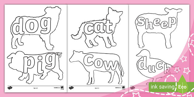 Word Colouring Pages - Farm Animals (teacher made)