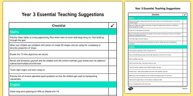 Year 3 Essential Teaching Suggestions Checklist