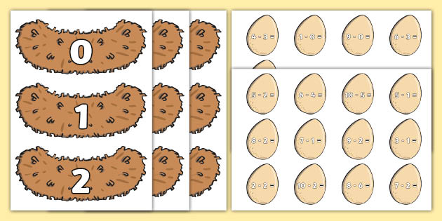 Eggs and Nest Themed Subtraction From 10 Activity