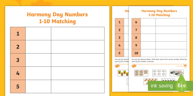 Harmony Day Number Matching Worksheet
